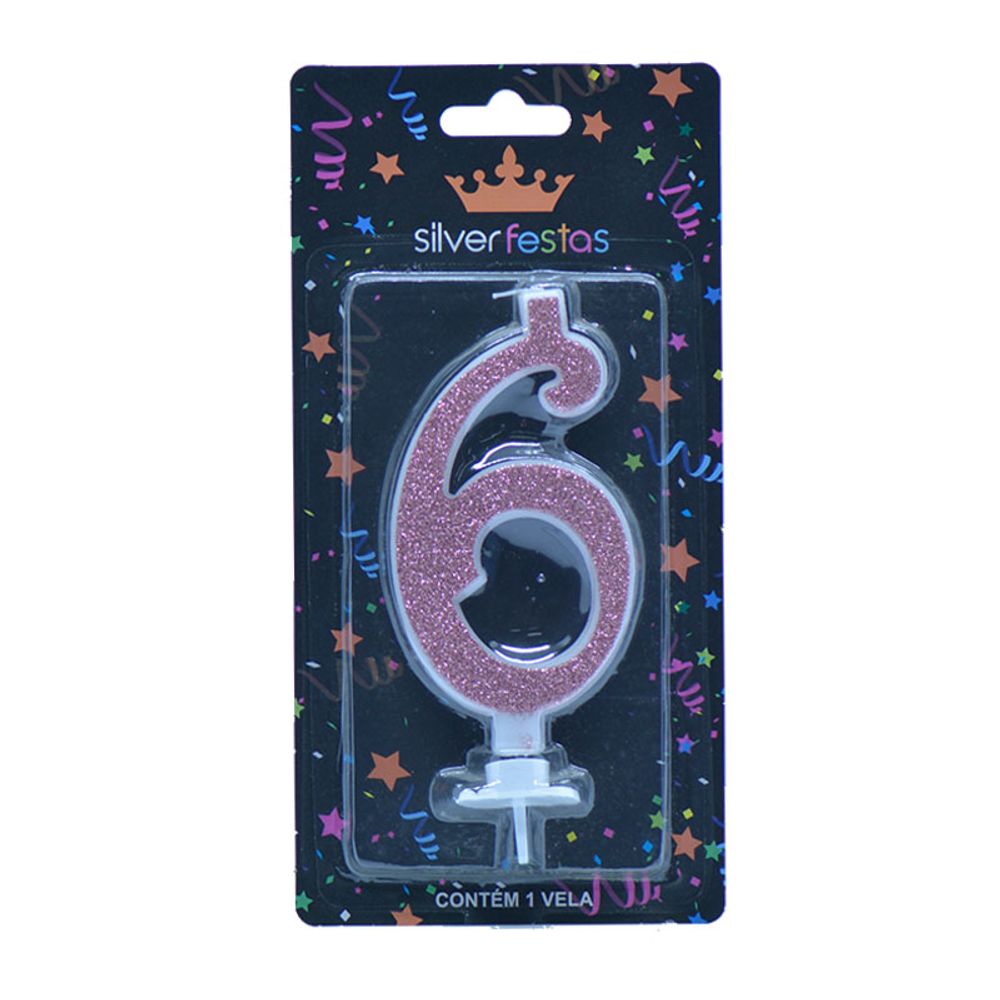 Vela Grande Silver Glitter Número 6 Rose - Azul Atacarejo
